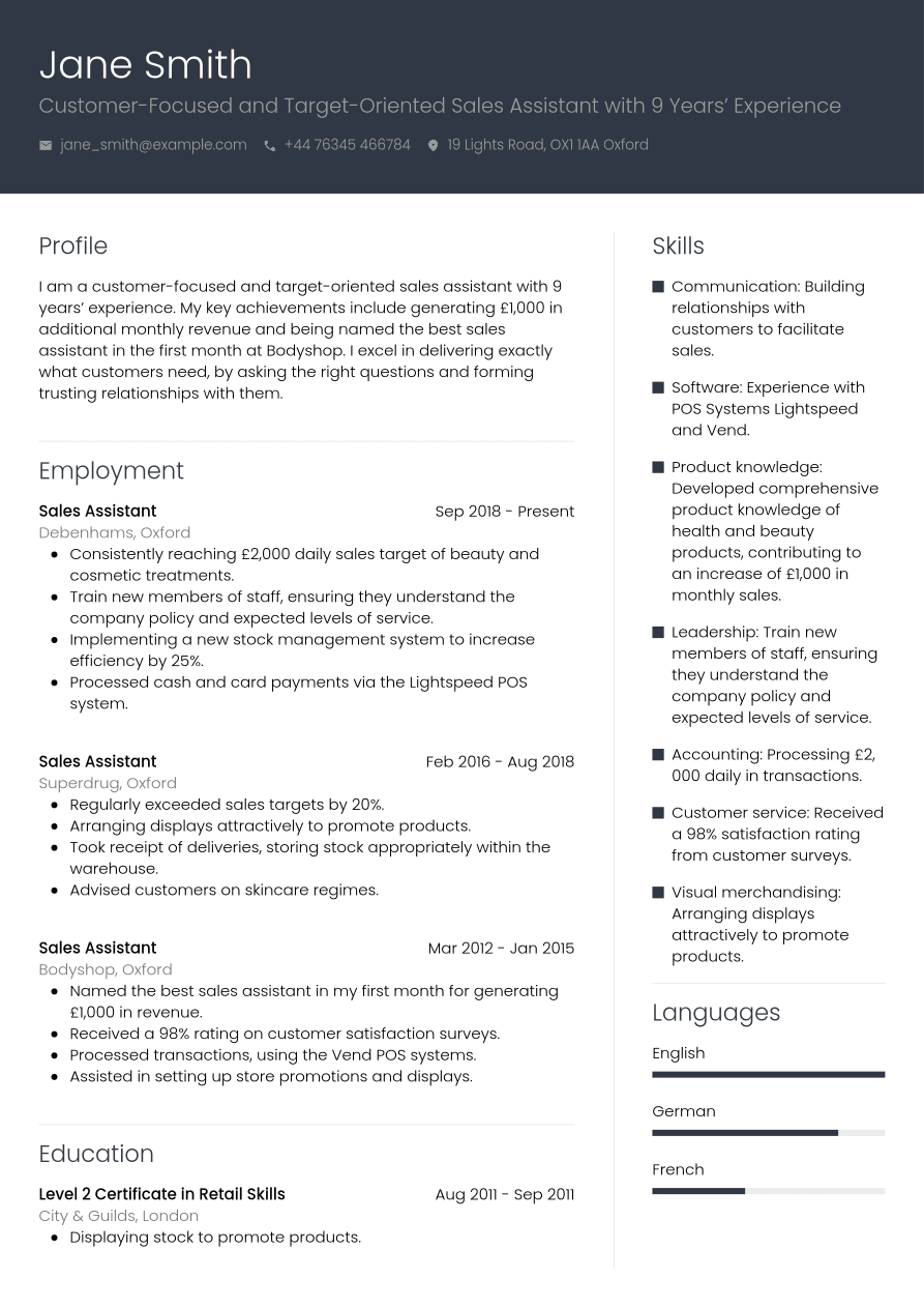 CV example sales assistant | Jobseeker
