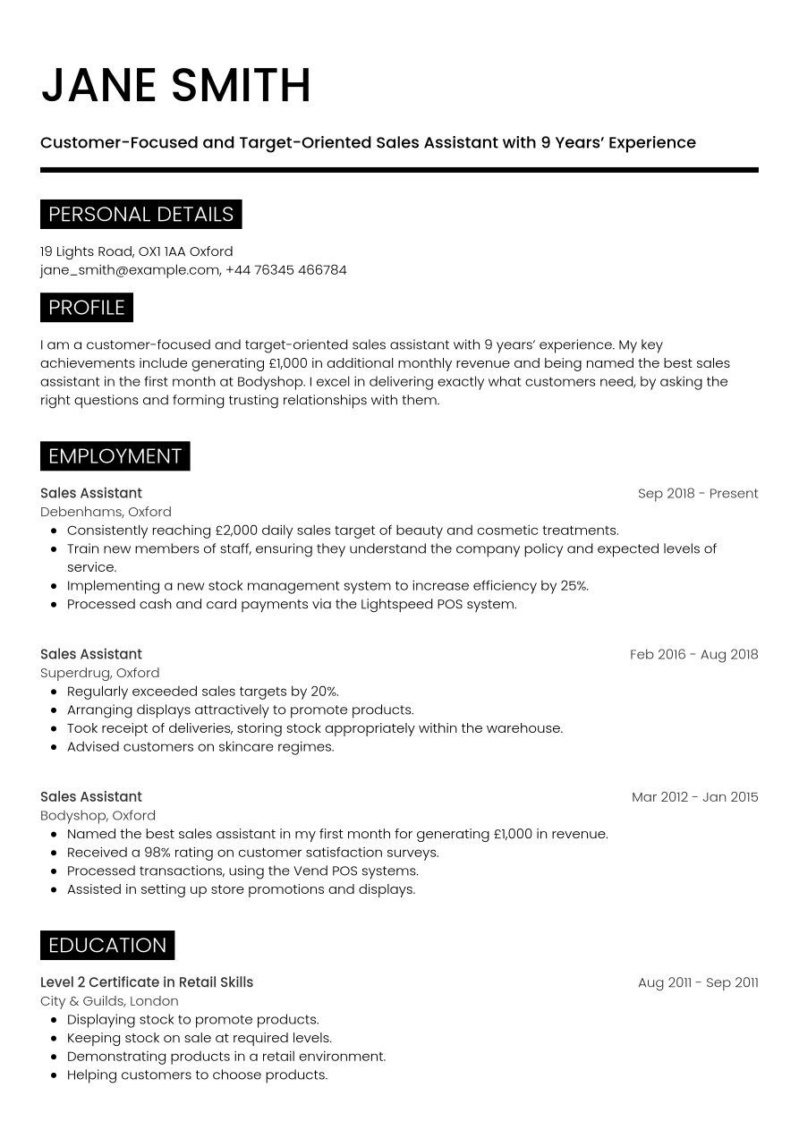 CV example sales assistant | Jobseeker