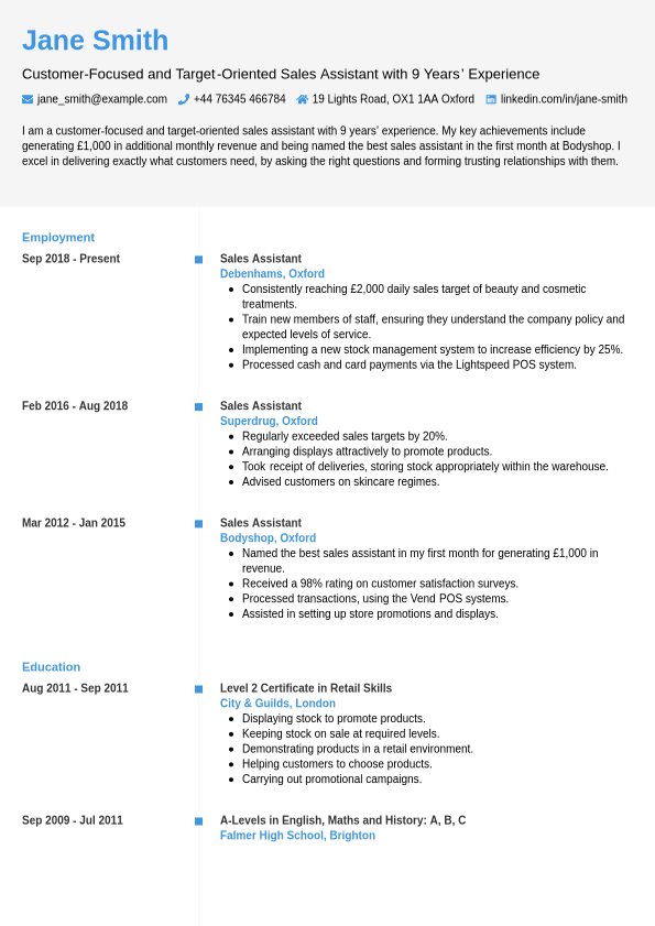 CV example sales assistant | Jobseeker