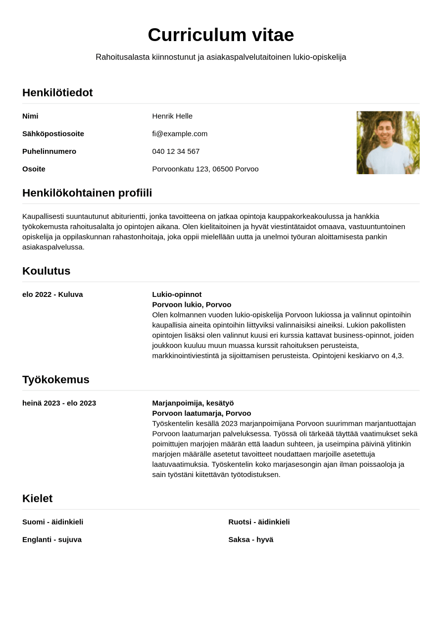 CV esimerkki opiskelija ja parhaat vinkit | Jobseeker