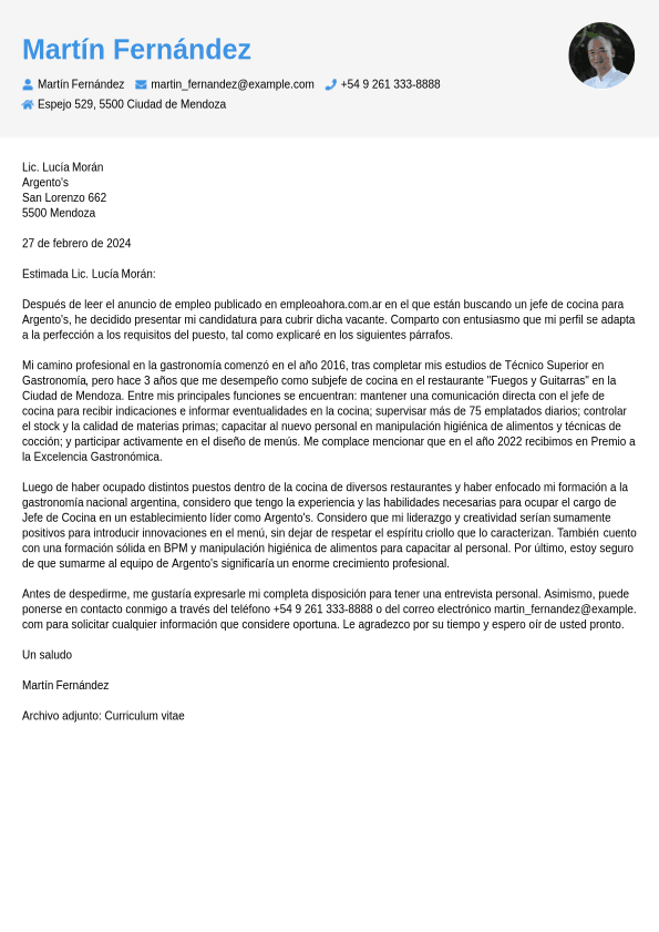 Ejemplo de carta de presentación para cocinero/a | Jobseeker