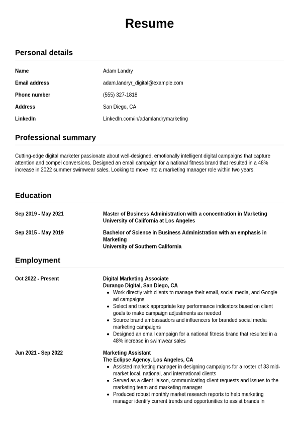 Marketing resume example | Jobseeker