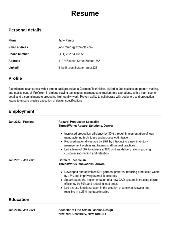 Seamstress Resume Example | Jobseeker