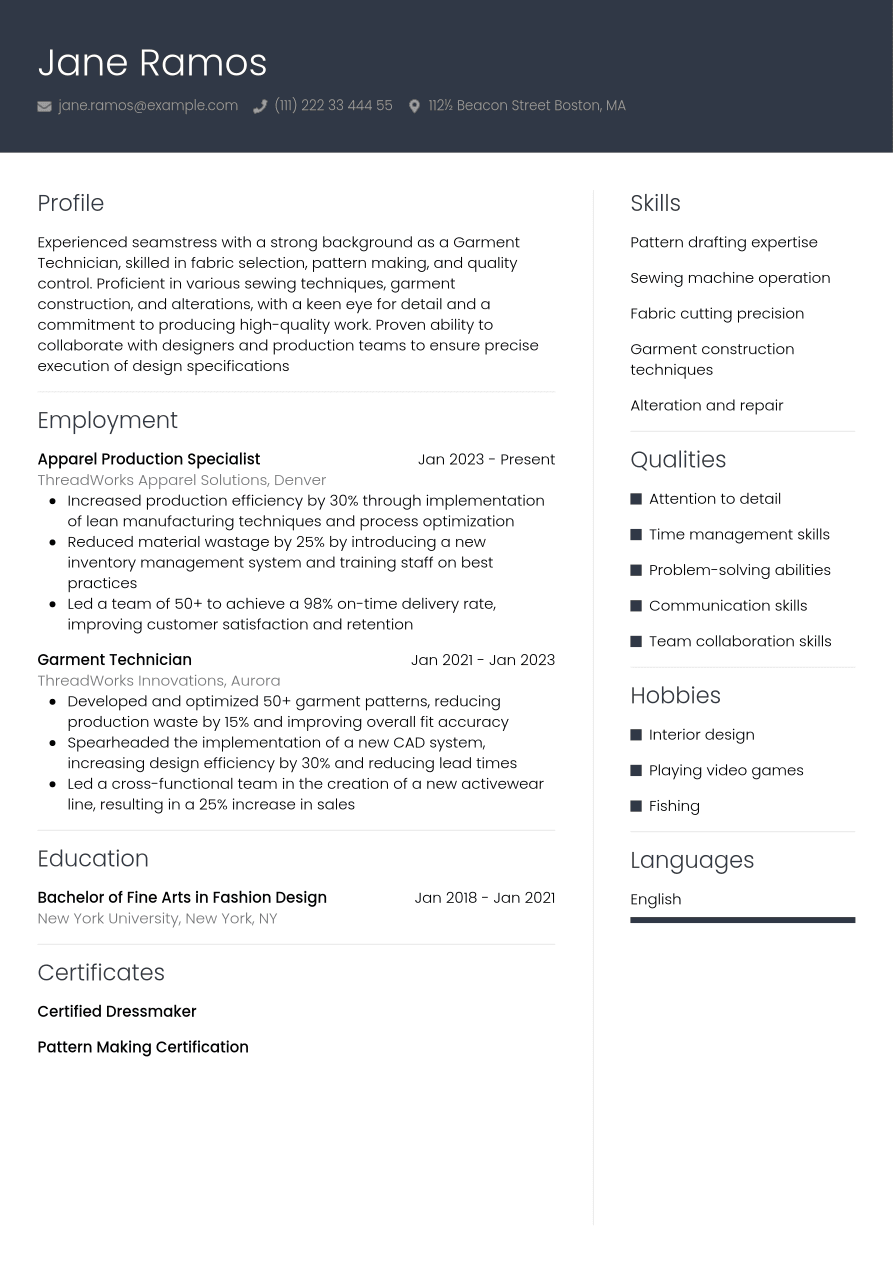 Seamstress Resume Example | Jobseeker