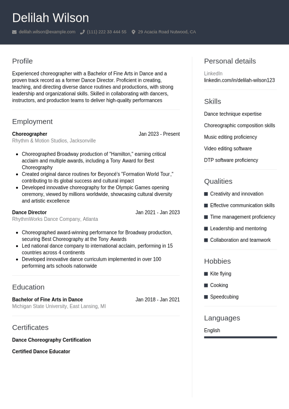 Choreographer Resume Writing Guide & Tips | Jobseeker