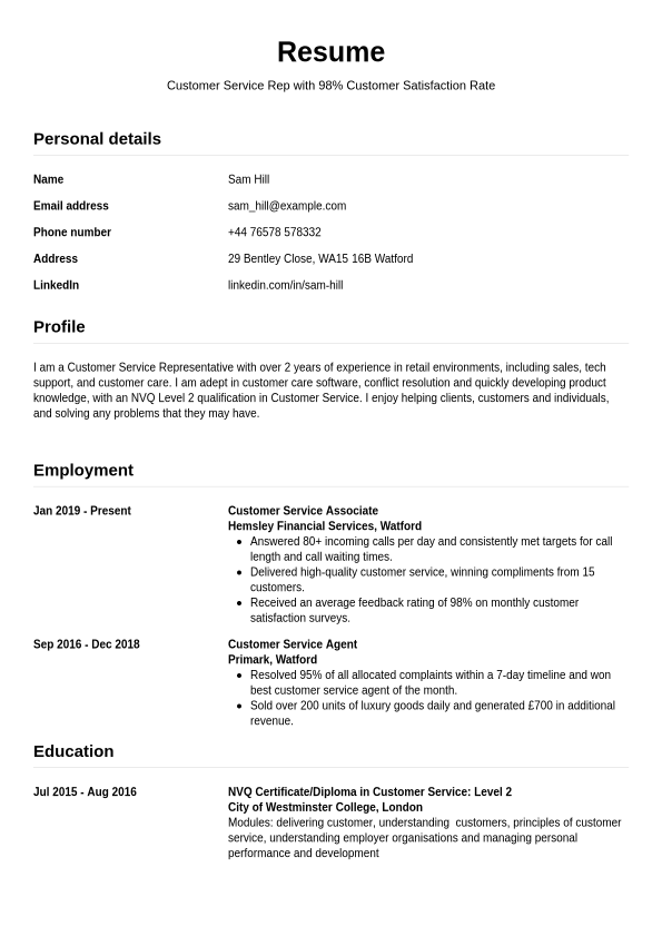 CV Example Customer Service | Jobseeker