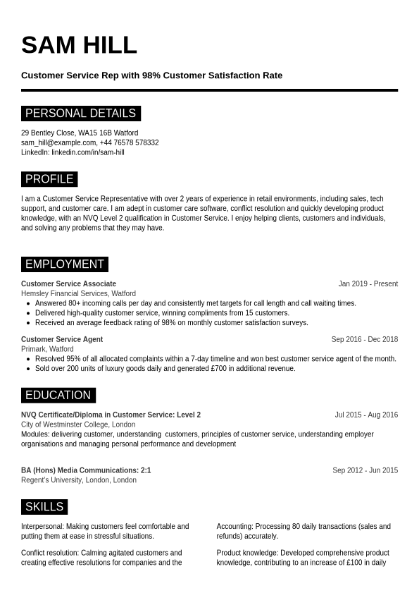 CV Example Customer Service | Jobseeker