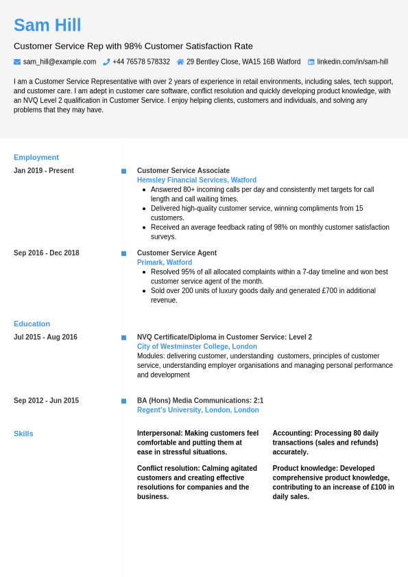 CV Example Customer Service | Jobseeker
