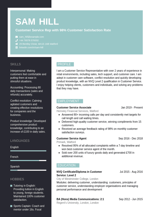 CV Example Customer Service | Jobseeker