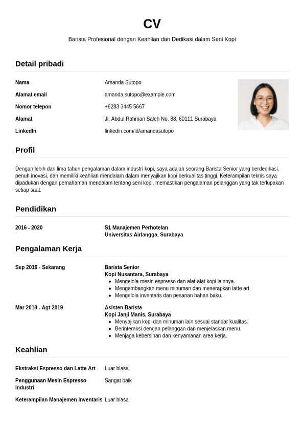 Contoh CV Barista | Jobseeker