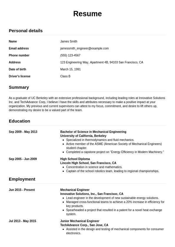 Engineer Resume Example | Jobseeker