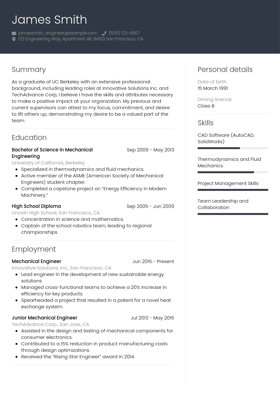Engineer Resume Example | Jobseeker