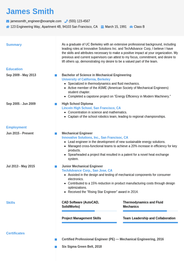 Engineer Resume Example | Jobseeker