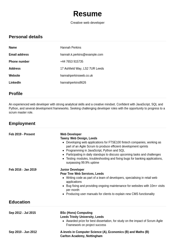 Web Developer CV Example | Jobseeker