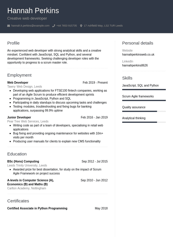 Web Developer CV Example | Jobseeker