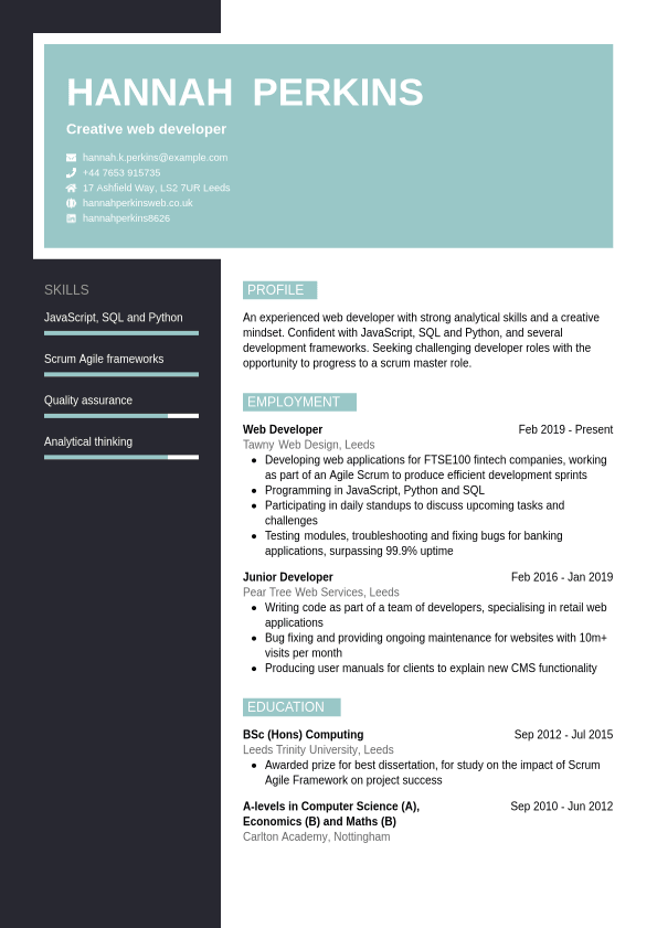 Web Developer CV Example | Jobseeker