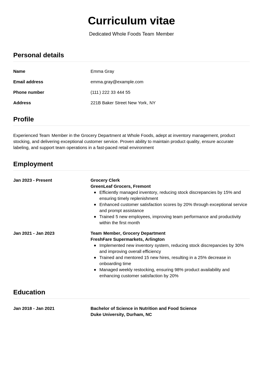 Whole Foods Resume Example | Jobseeker