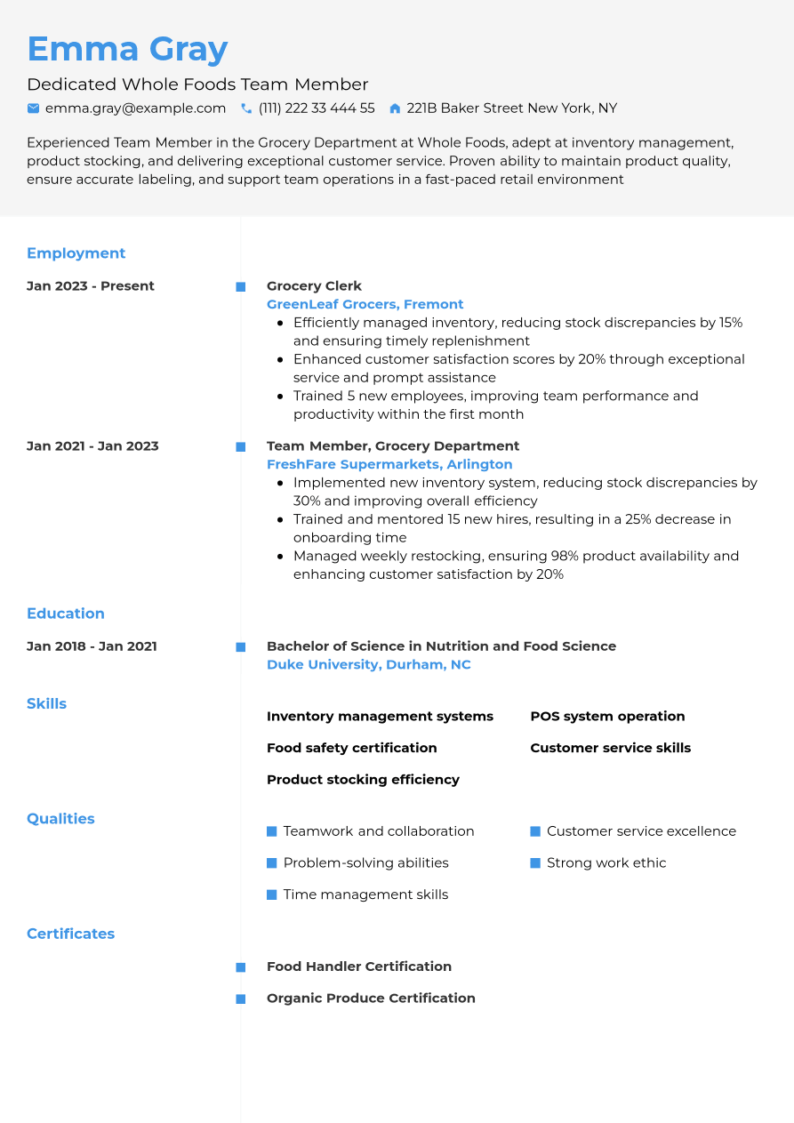 Whole Foods Resume Example | Jobseeker
