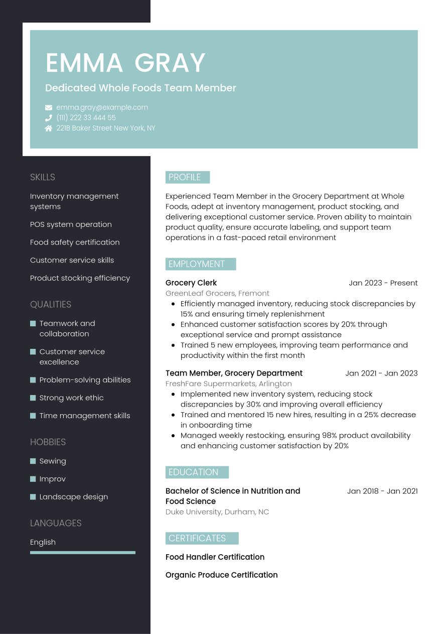 Whole Foods Resume Example | Jobseeker
