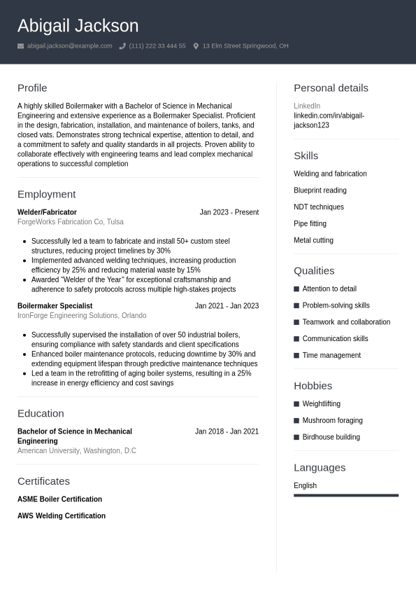 Boilermaker Resume Example | Jobseeker
