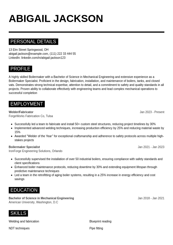 Boilermaker Resume Example | Jobseeker