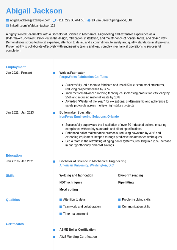 Boilermaker Resume Example | Jobseeker