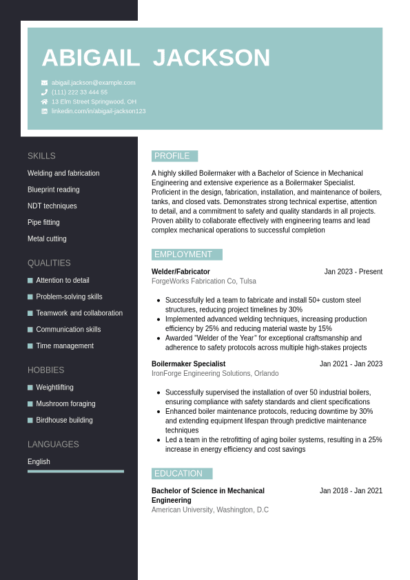 Boilermaker Resume Example | Jobseeker