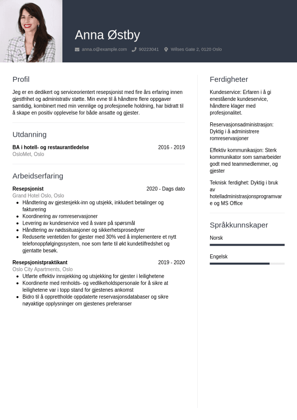 Resepsjonist CV eksempel | Jobseeker