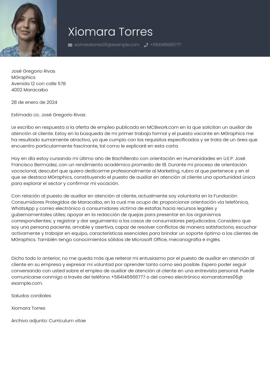 Ejemplo de carta de presentación de estudiante | Jobseeker