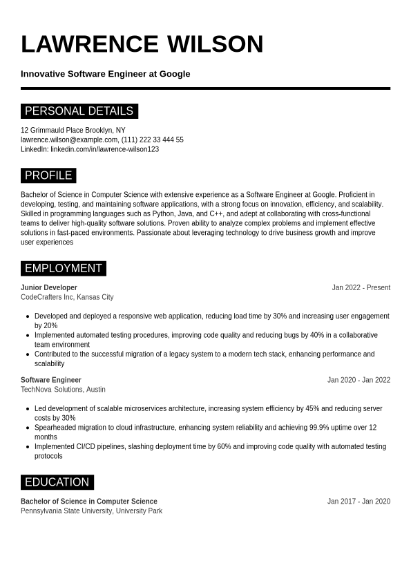 Google Resume Example | Jobseeker