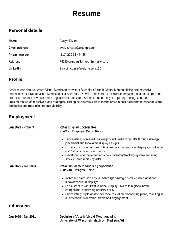 Visual Merchandiser Resume Example | Jobseeker