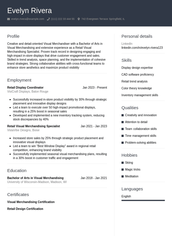 Visual Merchandiser Resume Example | Jobseeker