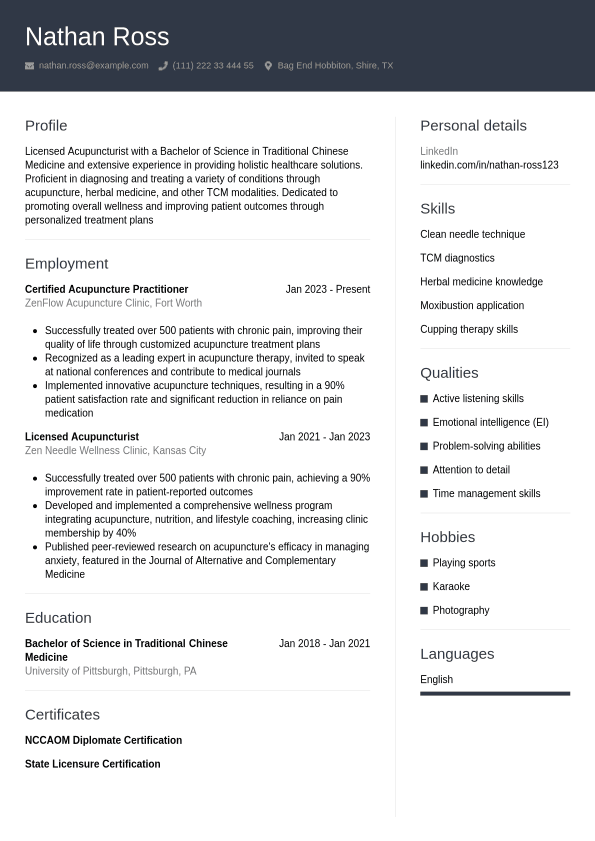 Acupuncturist Resume Example | Jobseeker