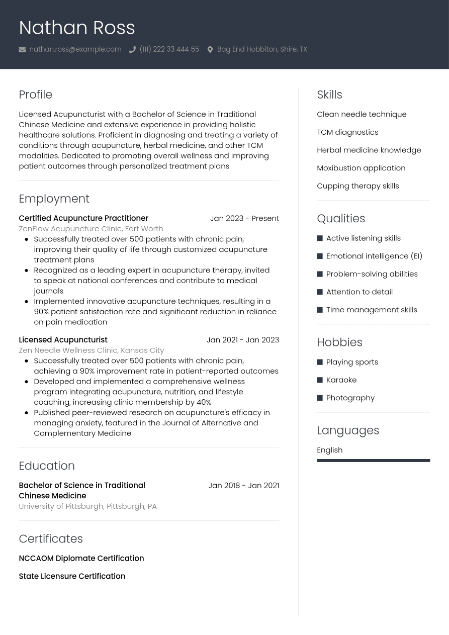 Acupuncturist Resume Example | Jobseeker