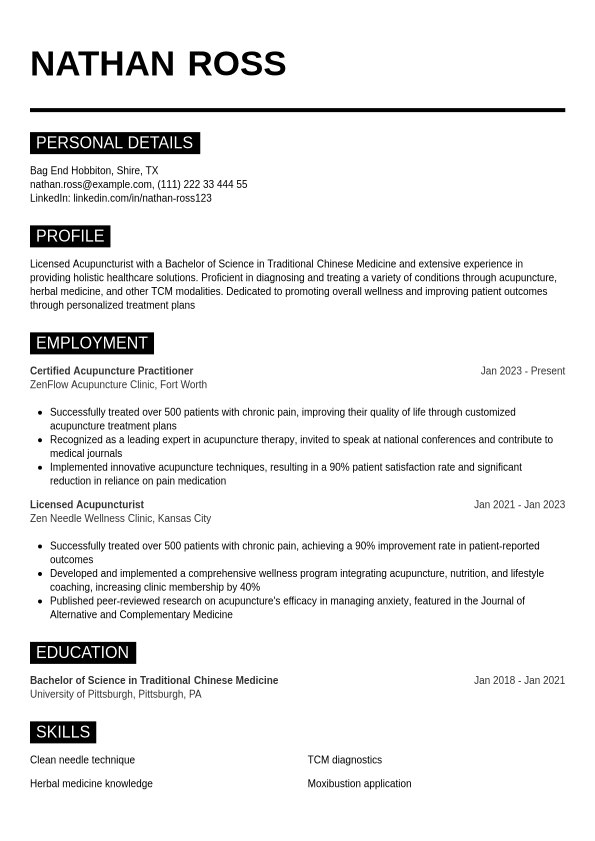 Acupuncturist Resume Example | Jobseeker