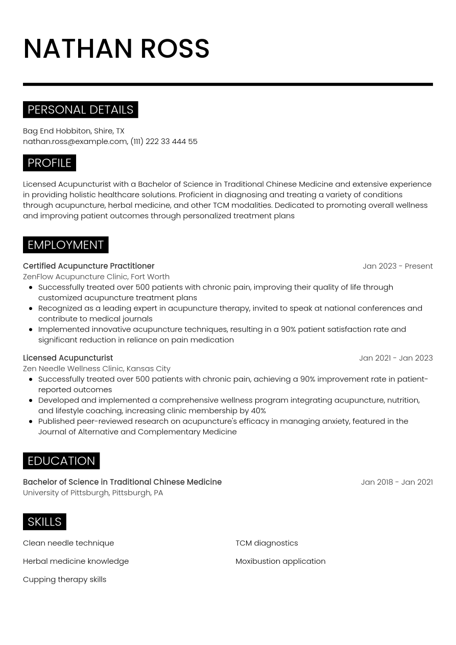 Acupuncturist Resume Example | Jobseeker