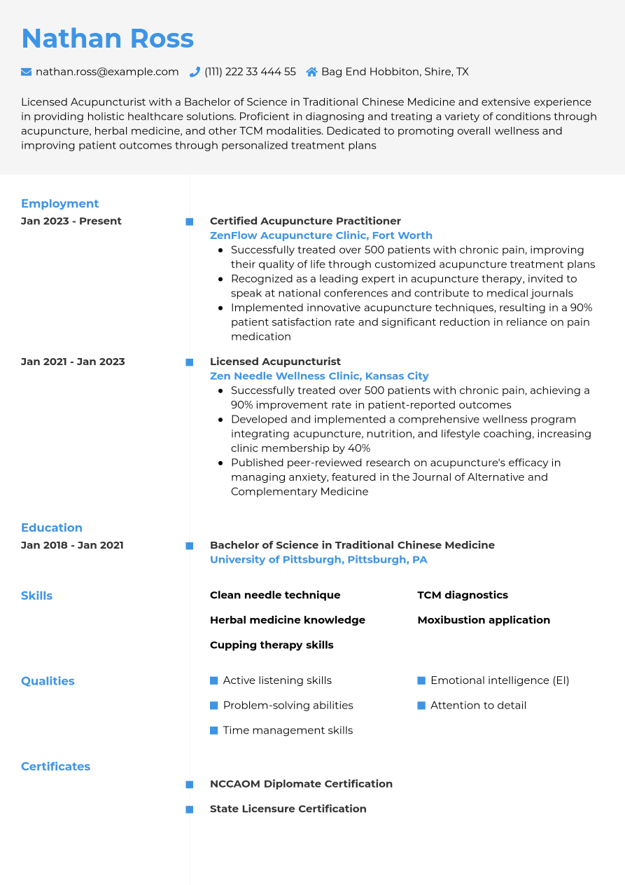 Acupuncturist Resume Example | Jobseeker