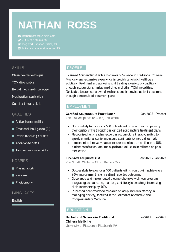 Acupuncturist Resume Example | Jobseeker