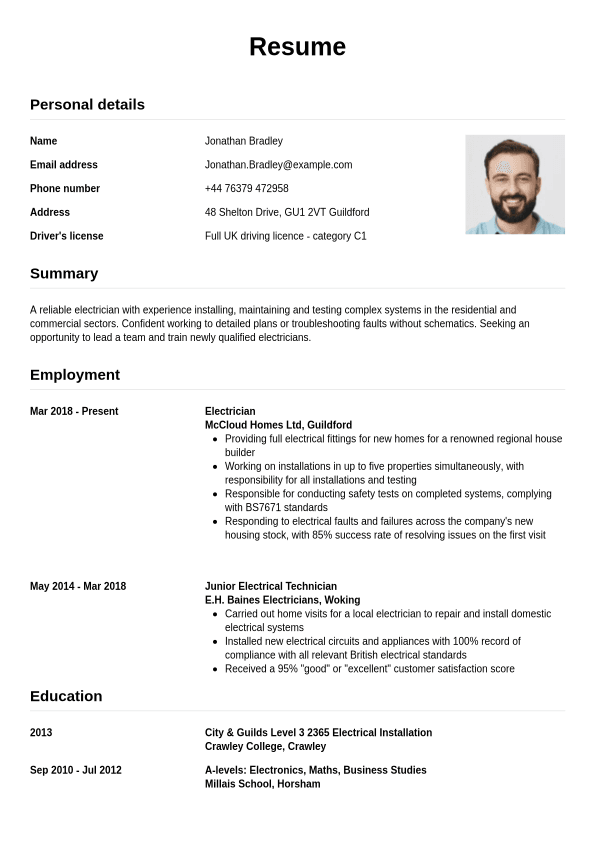 Electrician CV example | Jobseeker