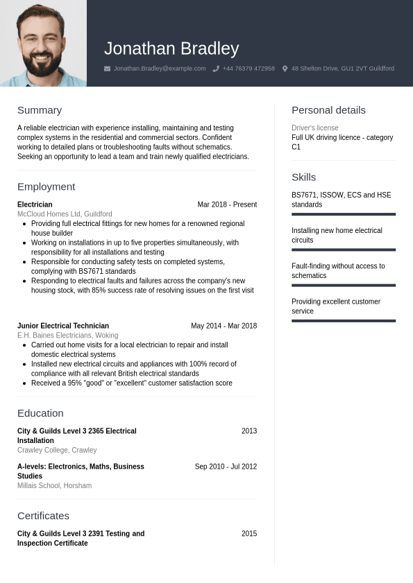 Electrician CV example | Jobseeker