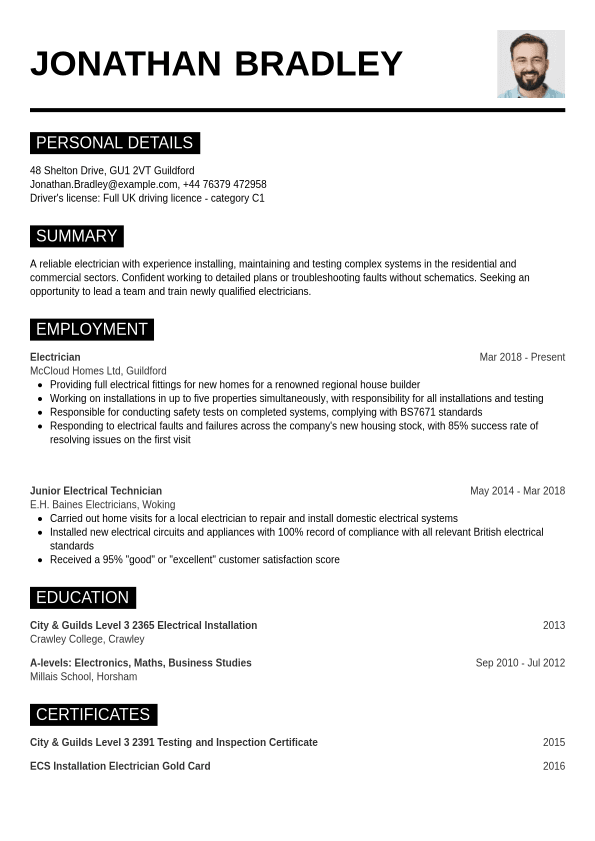 Electrician CV example | Jobseeker