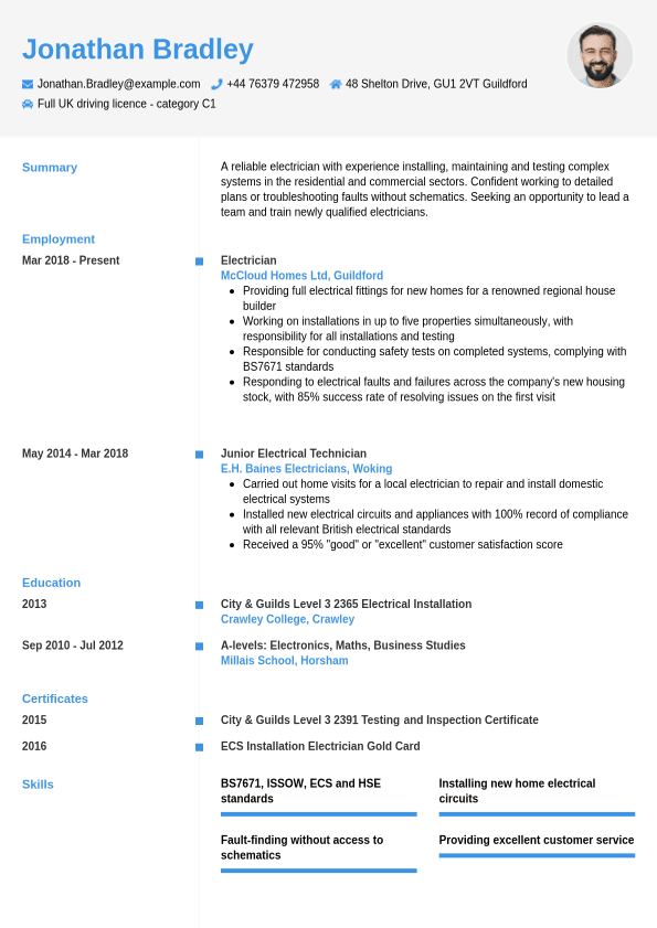 Electrician CV example | Jobseeker