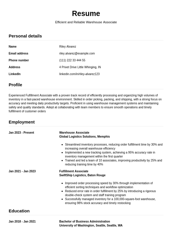Amazon Warehouse Resume Example | Jobseeker