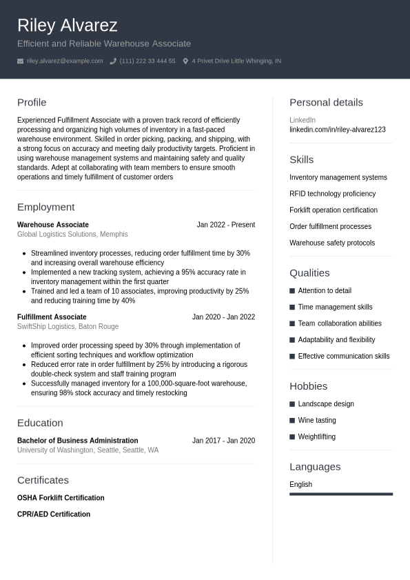 Amazon Warehouse Resume Example | Jobseeker