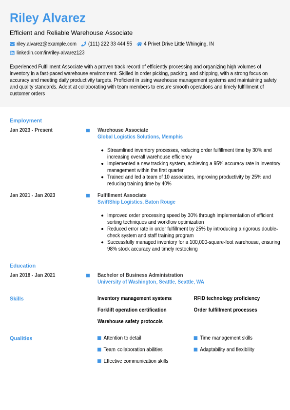 Amazon Warehouse Resume Example | Jobseeker