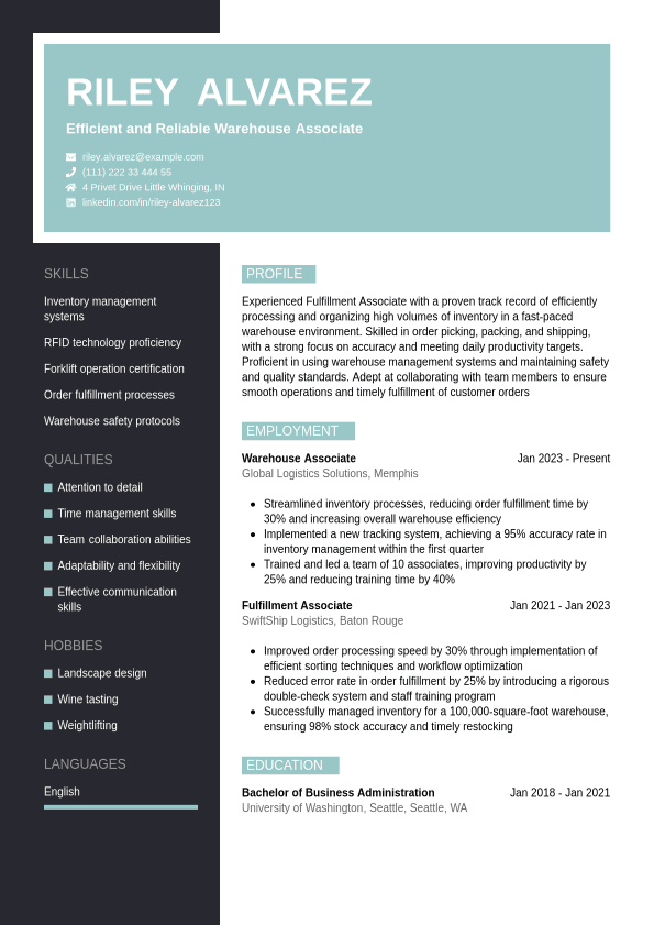 Amazon Warehouse Resume Example | Jobseeker