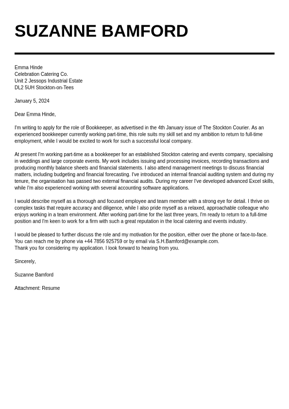 Bookkeeper Cover Letter Example | Jobseeker