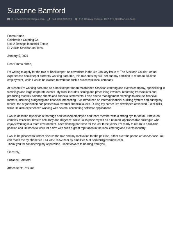 Bookkeeper Cover Letter Example | Jobseeker