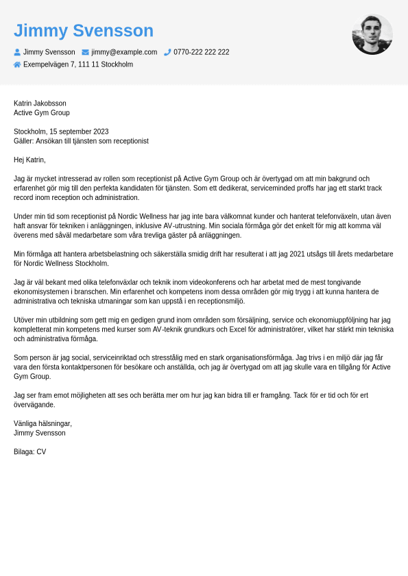 Receptionist Personligt brev Exempel | Jobseeker
