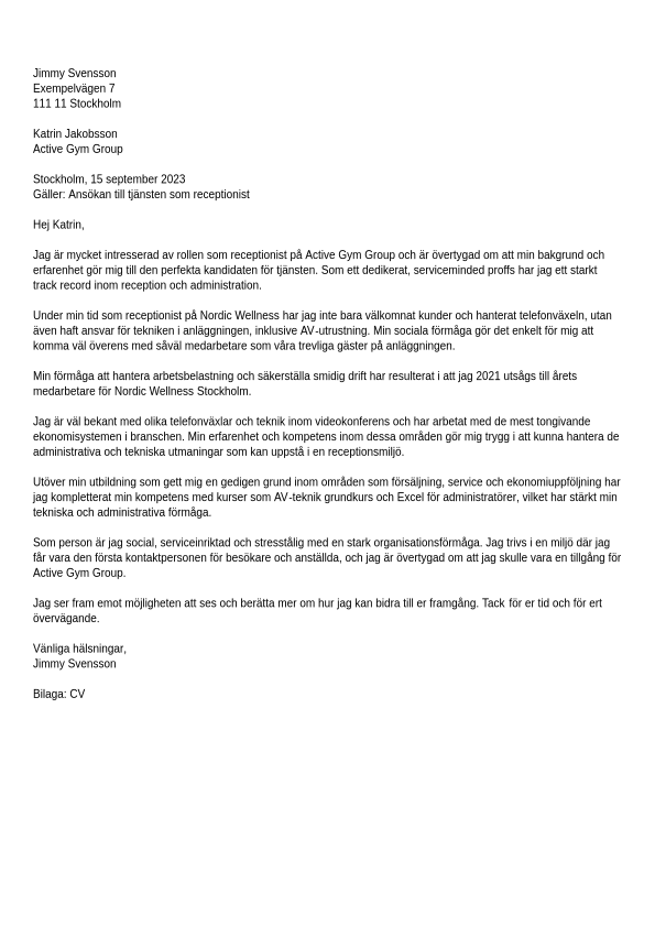 Receptionist Personligt brev Exempel | Jobseeker